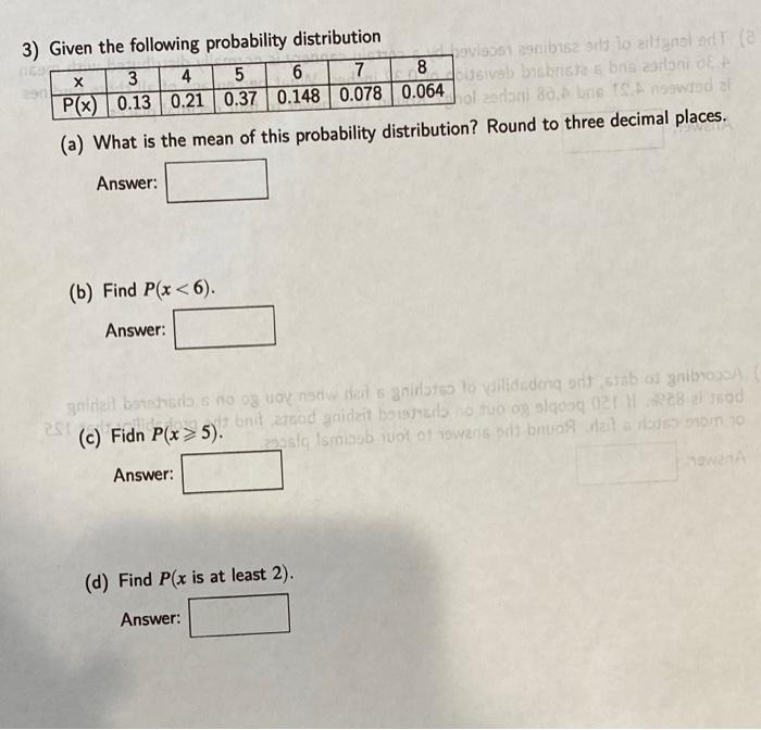 Solved х 3) Given the following probability distribution | Chegg.com