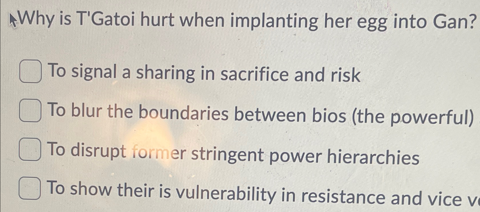 Solved Why is T'Gatoi hurt when implanting her egg into | Chegg.com