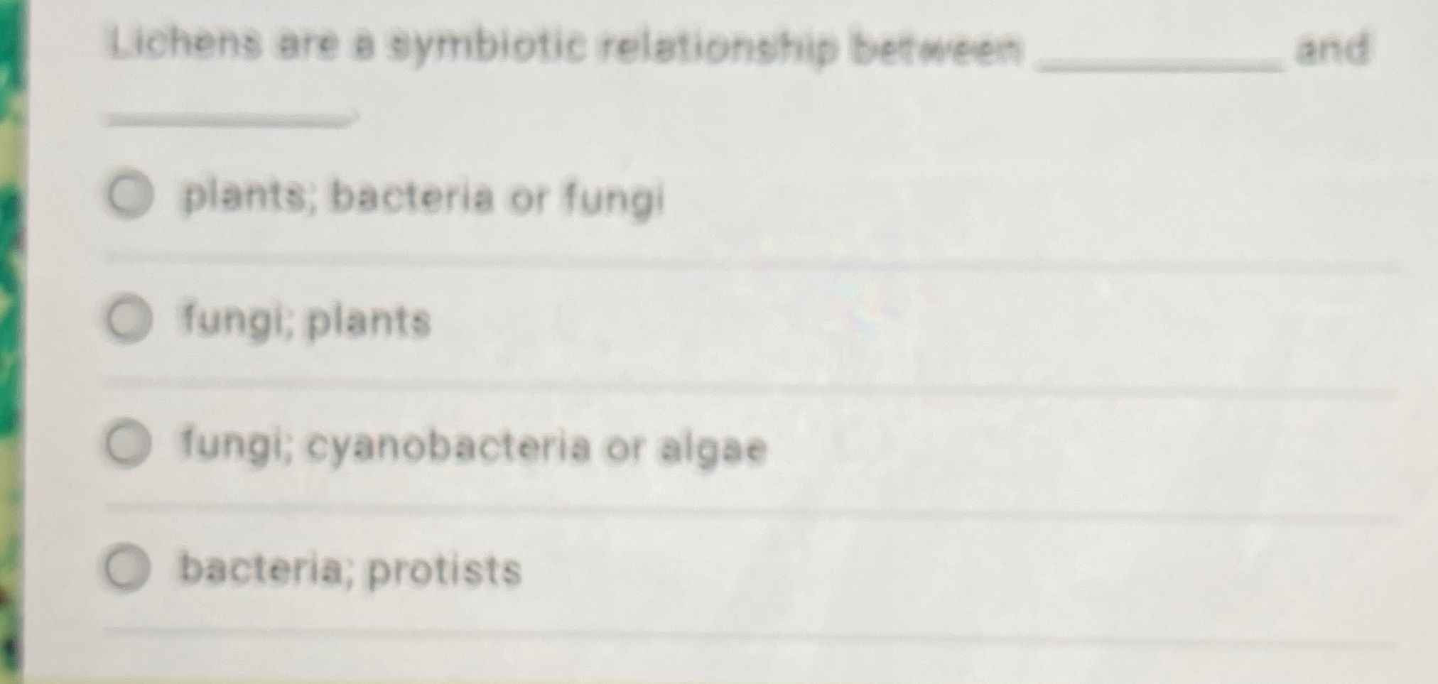 Solved Lichens are a symbiotic relationship between q, ﻿and | Chegg.com