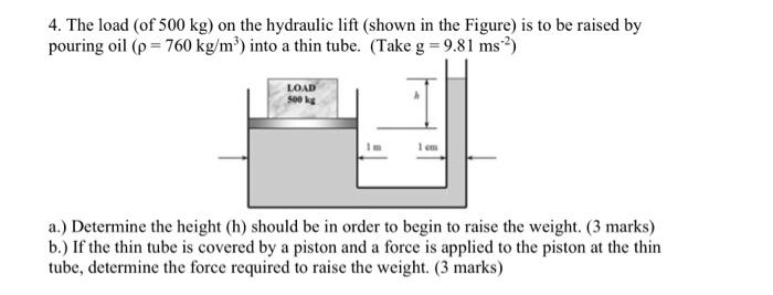 Solved 4. The load (of 500 kg) on the hydraulic lift (shown | Chegg.com