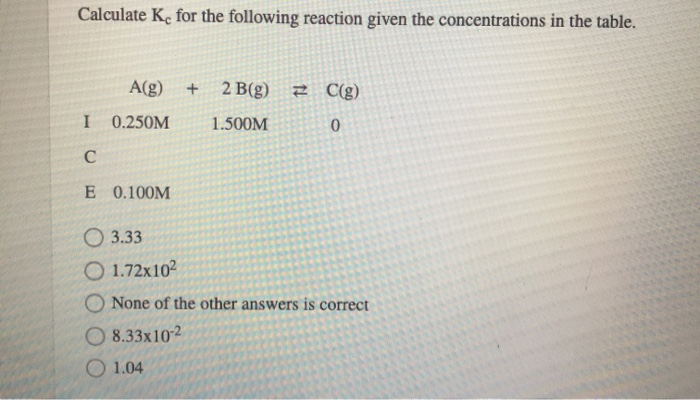 Solved Calculate Kc for the following reaction given the | Chegg.com