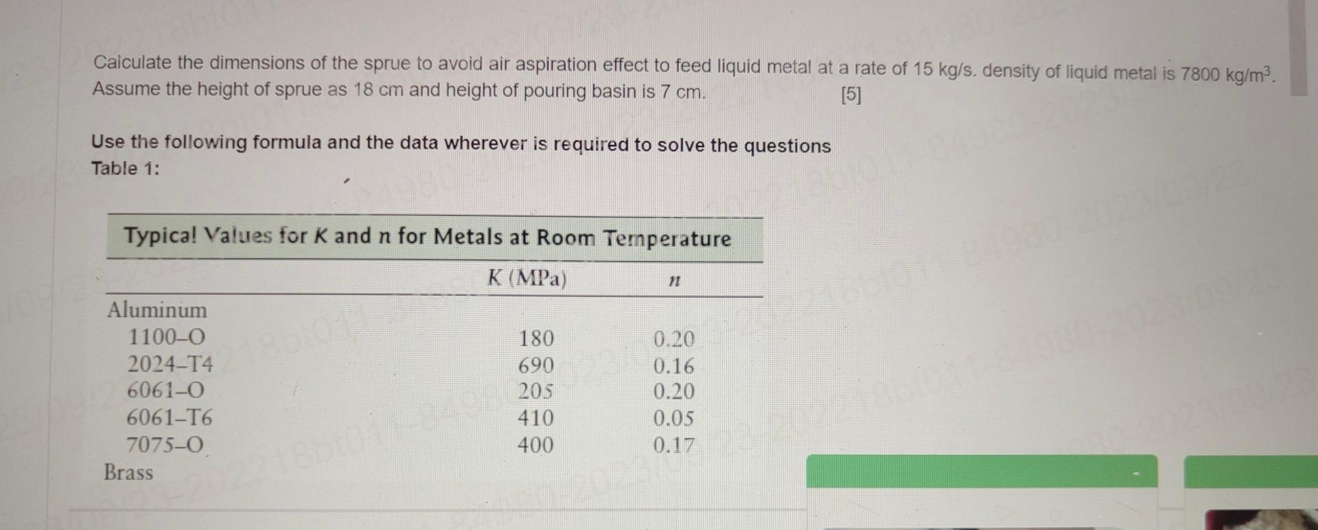 Solved Caiculate the dimensions of the sprue to avoid air | Chegg.com