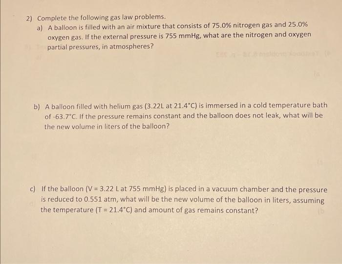 Solved 2) Complete the following gas law problems. a) A | Chegg.com