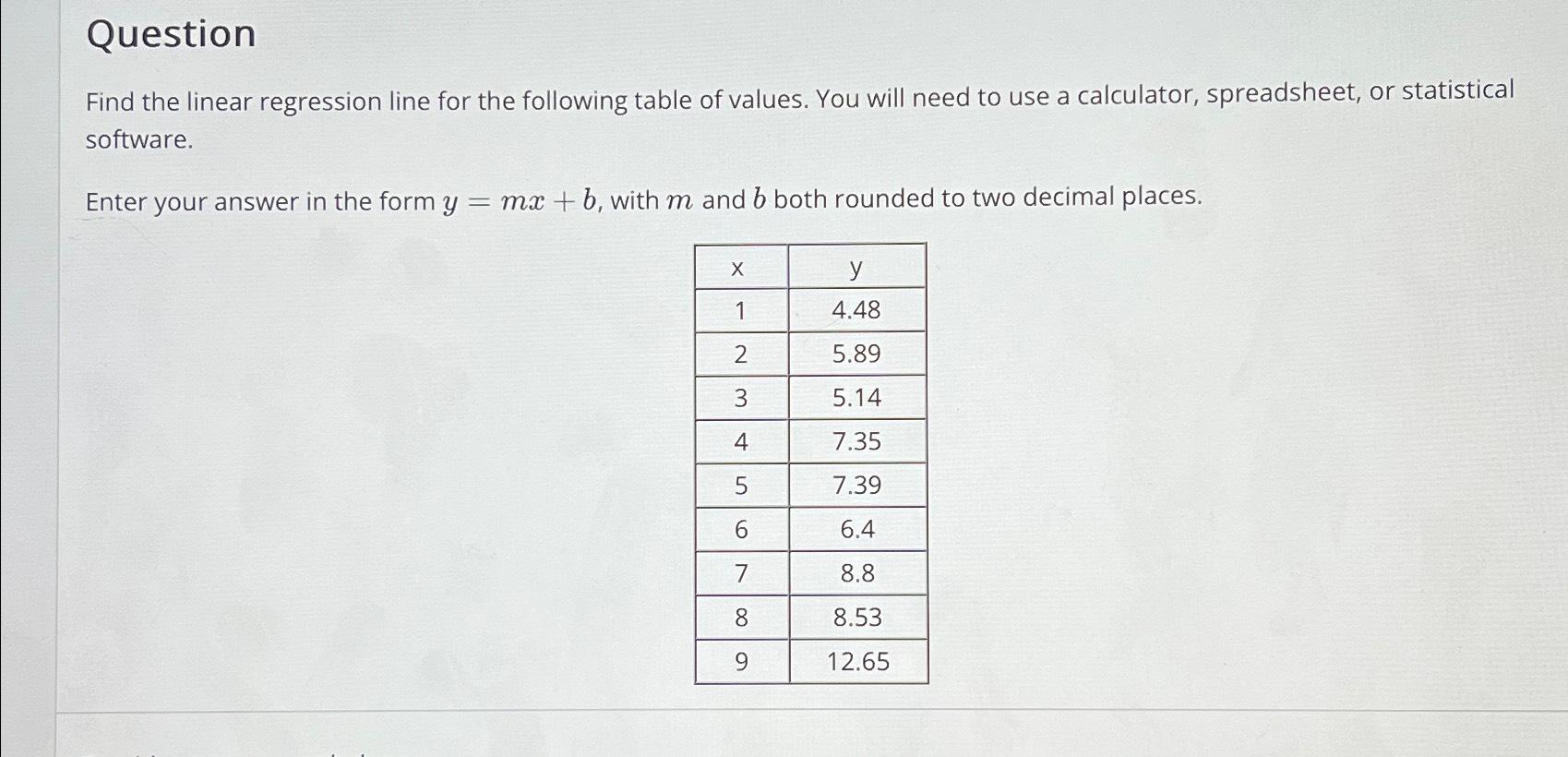 Solved QuestionFind the linear regression line for the | Chegg.com
