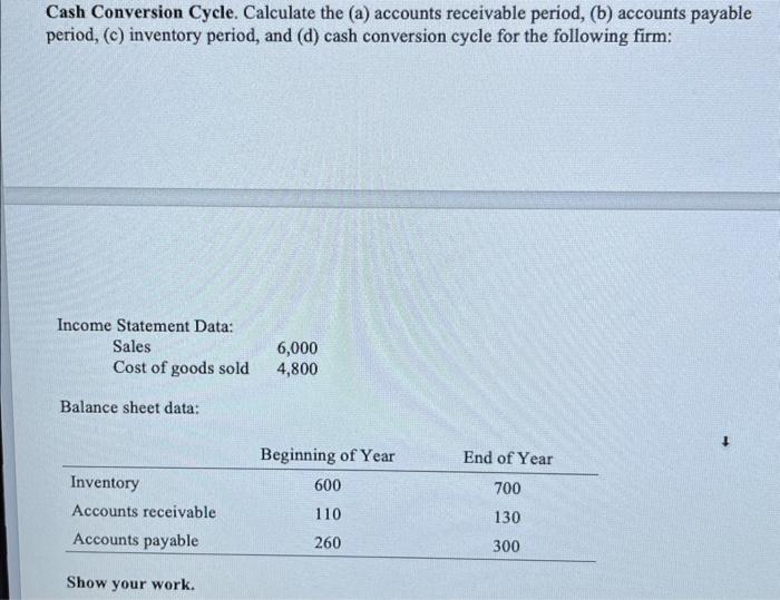 Solved Cash Conversion Cycle. Calculate the (a) accounts | Chegg.com