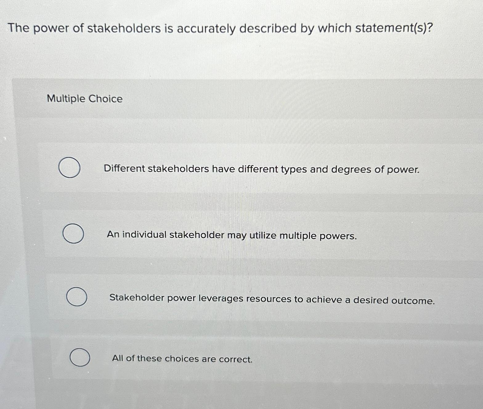 Solved The power of stakeholders is accurately described by | Chegg.com