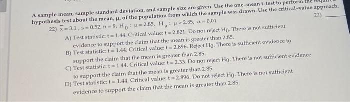 Solved A sample mean, sample standard deviation, and sample | Chegg.com