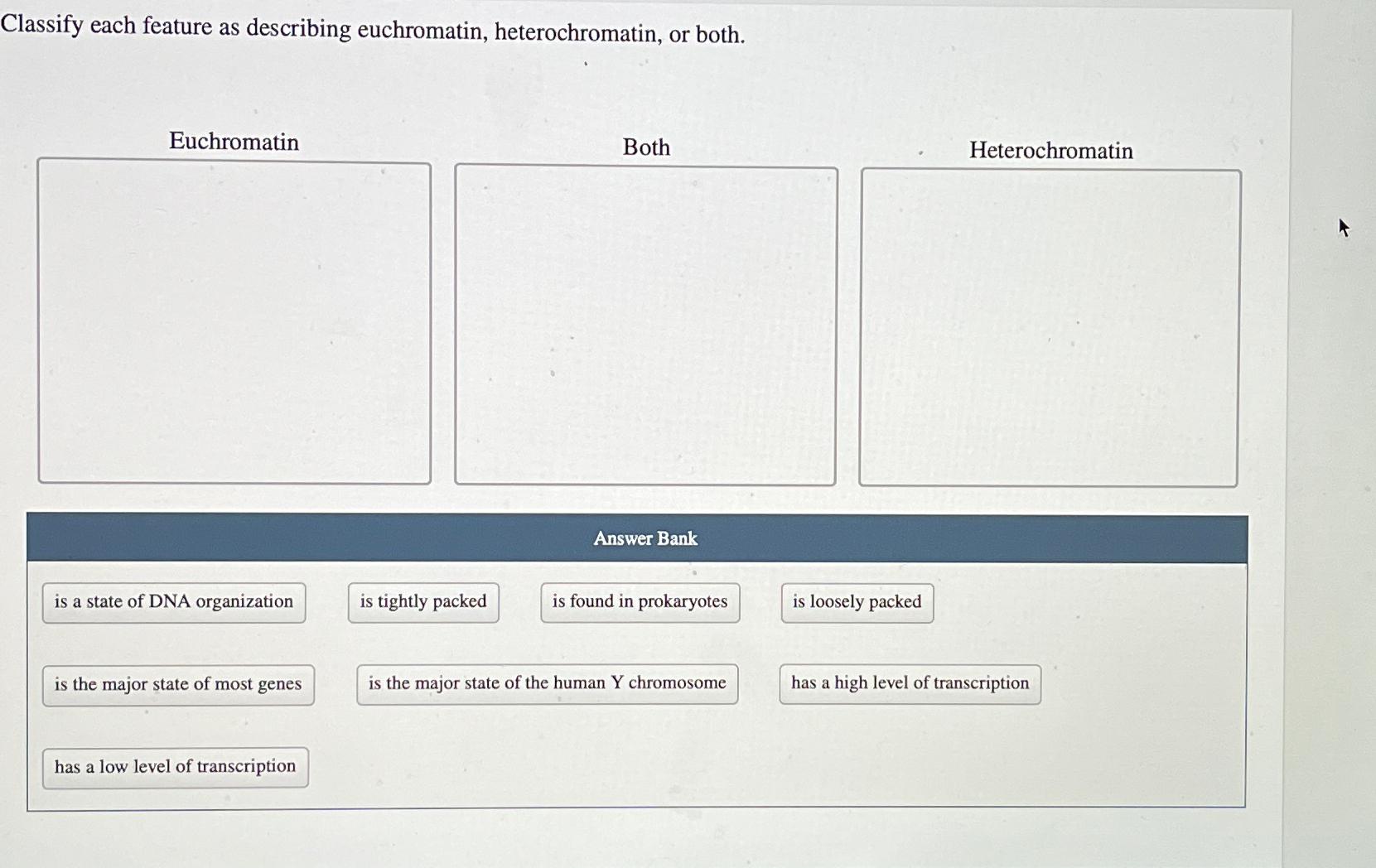 Solved Classify each feature as describing euchromatin, | Chegg.com