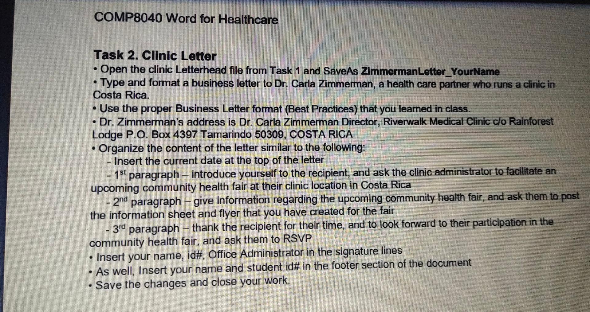 COMP8040 Word for Healthcare . Task 2. Clinic Letter | Chegg.com