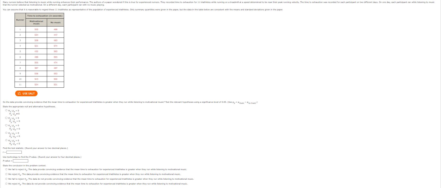 Solved \table[[Runner,Time to exhaustion (in | Chegg.com