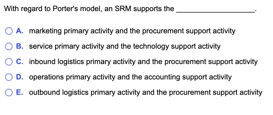 Solved With regard to Porter's model, an SRM supports theA. | Chegg.com