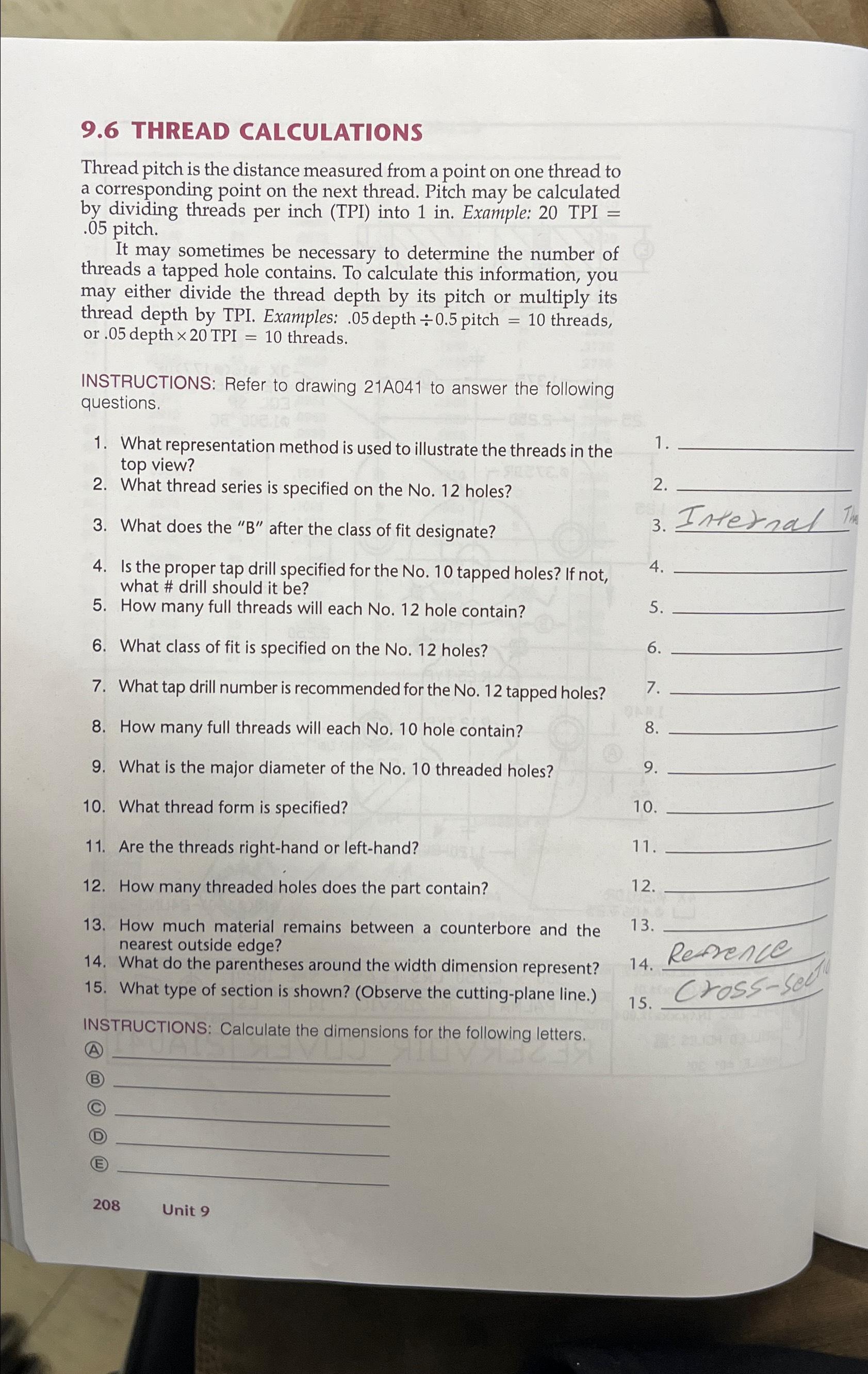 Solved 9.6 ﻿THREAD CALCULATIONSThread pitch is the distance | Chegg.com