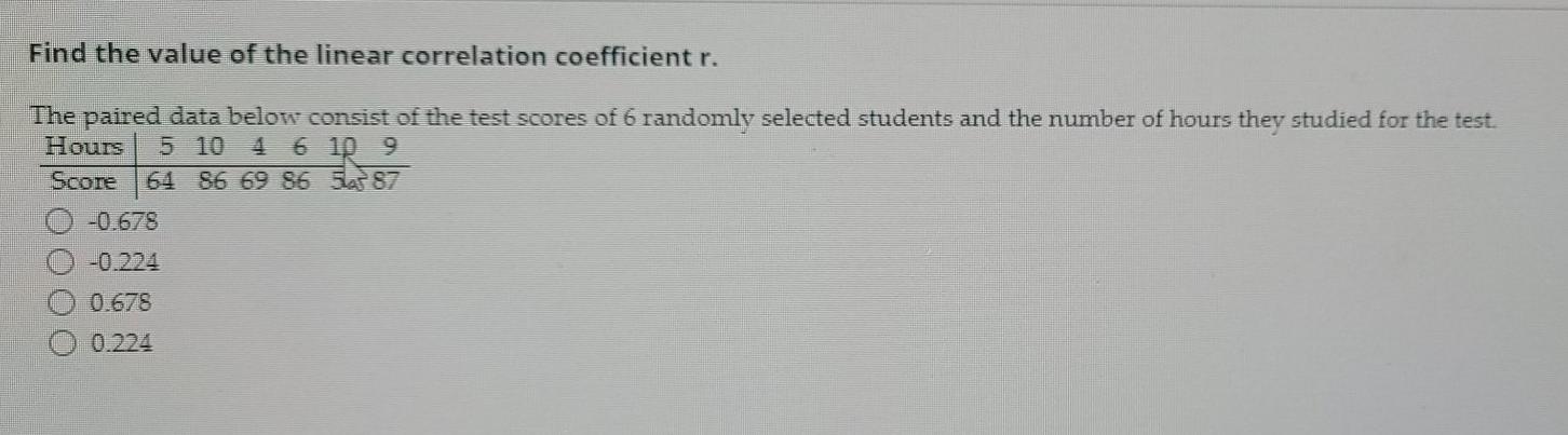 Solved Find the value of the linear correlation coefficient | Chegg.com