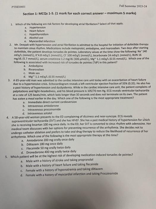 Solved PTHE0401 Fall Semester 2023-24 Section 1: MCQs 1-5. | Chegg.com