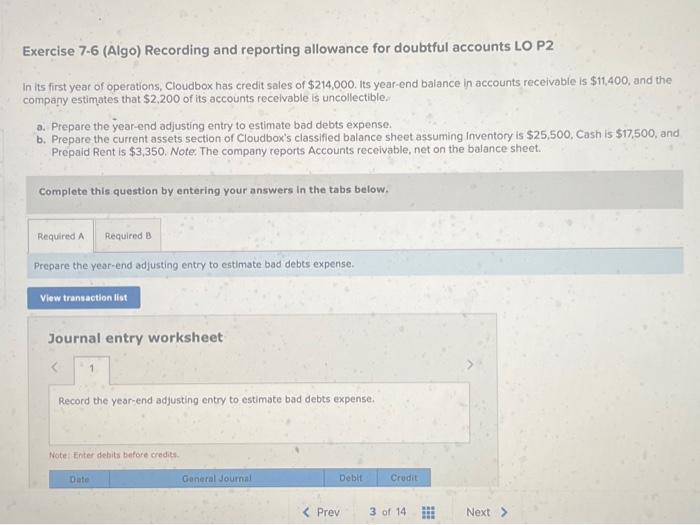 Solved Exercise 7.6 (Algo) Recording and reporting allowance | Chegg.com