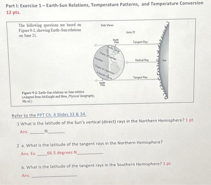 Solved Part I: Exercise 1 - Earth-Sun Relations, Temperature | Chegg.com