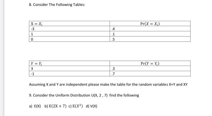 Solved 8. Consider The Following Tables: X = X₁ -3 1 0 Y = | Chegg.com