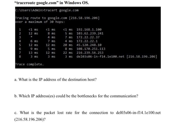 Solved "traceroute google.com" in Windows OS. C: | Chegg.com