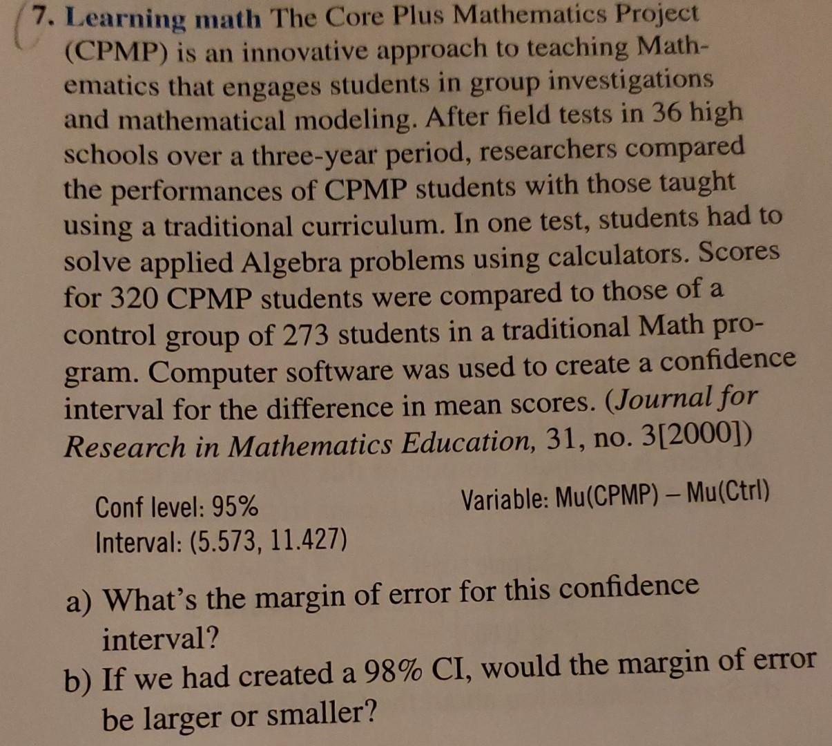 Solved 7. Learning math The Core Plus Mathematics Project | Chegg.com