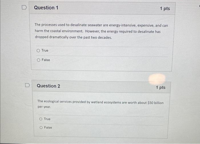 Solved The processes used to desalinate seawater are | Chegg.com