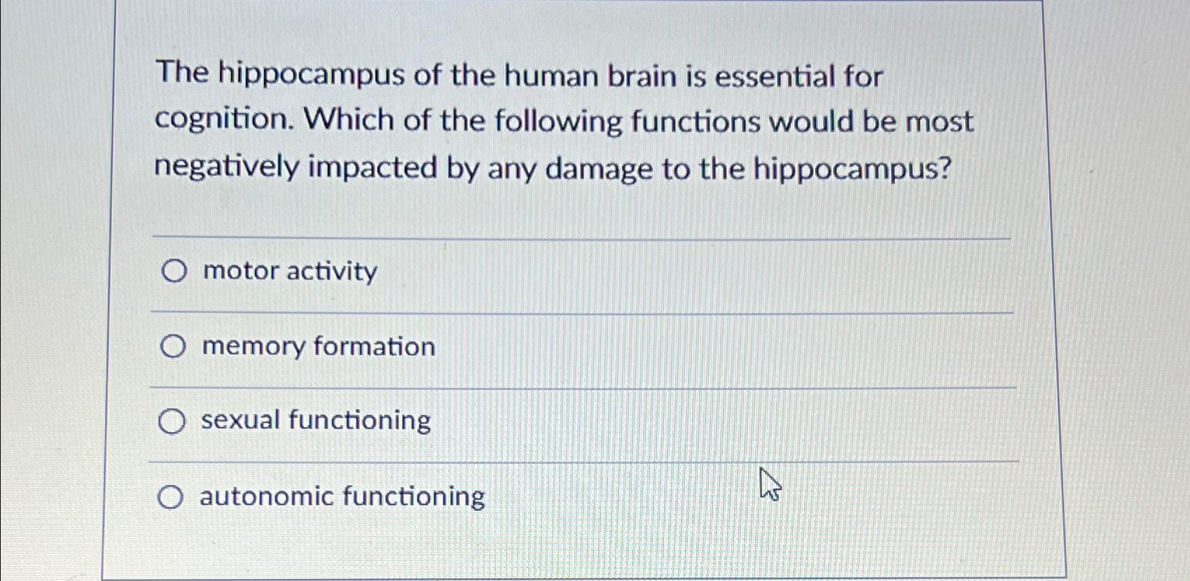 Solved The hippocampus of the human brain is essential for | Chegg.com