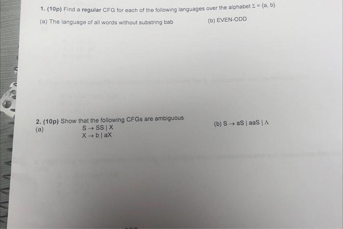 Solved 1. (10p) Find a regular CFG for each of the following | Chegg.com