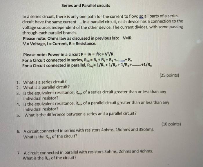 Solved Series and Parallel circuits In a series circuit, | Chegg.com