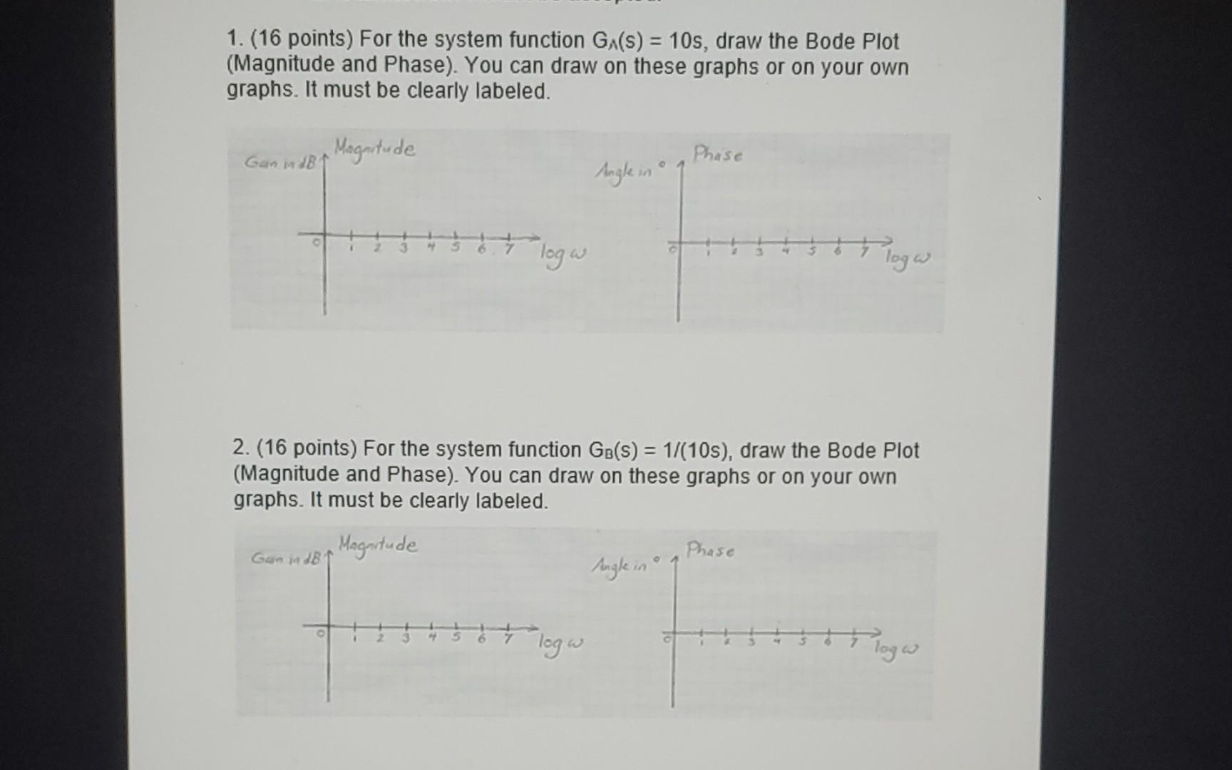 Solved 1. (16 points) For the system function GA(s) = 10s, | Chegg.com