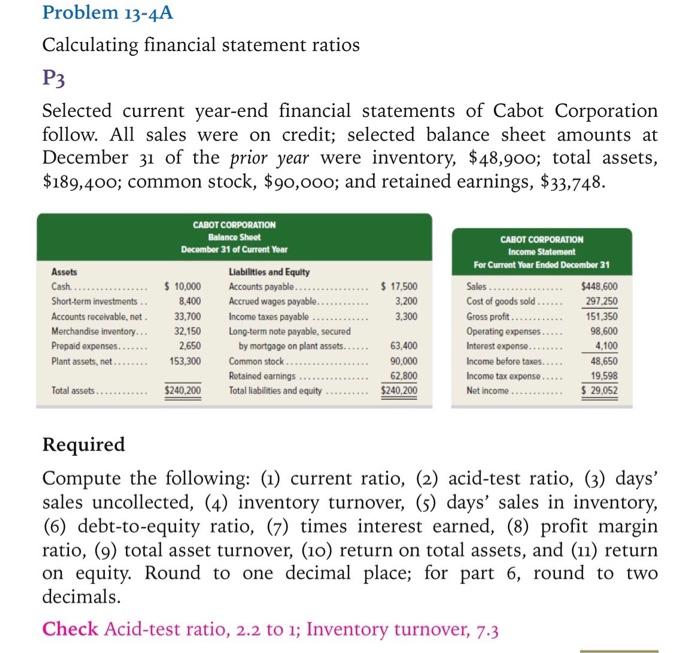 Solved Problem 13-4A Calculating financial statement ratios | Chegg.com