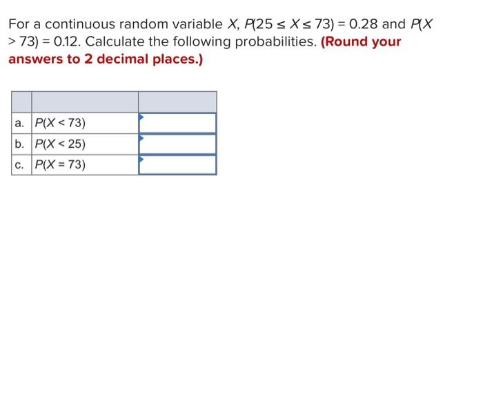 Solved For a continuous random variable X,P(25≤X≤73)=0.28 | Chegg.com