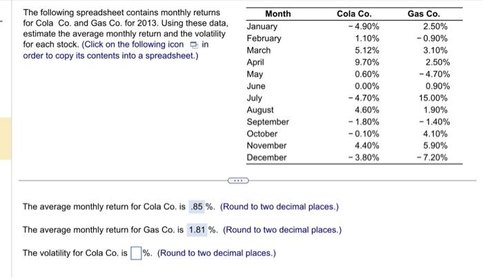 Solved The following spreadsheet contains monthly returns | Chegg.com