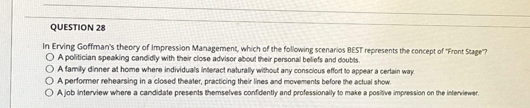 Solved QUESTION 28In Erving Goffman's theory of Impression | Chegg.com