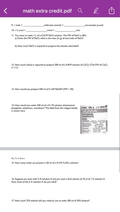 Solved math extra credit.pdf Q _millimales (mol micromoles | Chegg.com