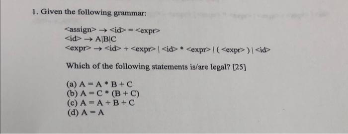Solved 1. Given the following grammar: assign >→ id = | Chegg.com | Chegg.com