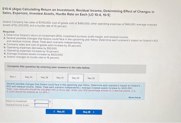 Solved E10-6 (Algo) Calculating Return on Investment, | Chegg.com