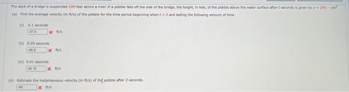 Solved The deck of a bridge is suspended 295 feet above a | Chegg.com