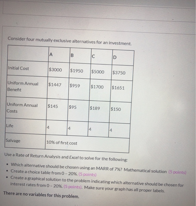 Solved Consider four mutually exclusive alternatives for an | Chegg.com