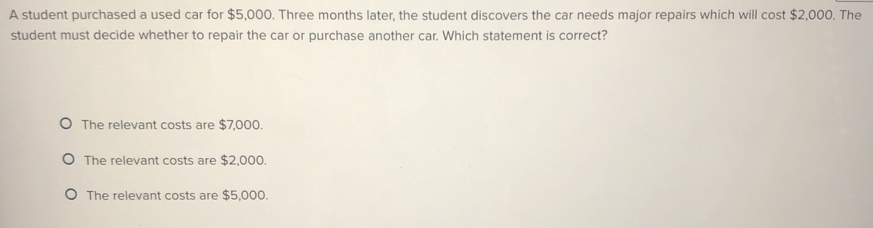 Solved A student purchased a used car for $5,000. ﻿Three | Chegg.com