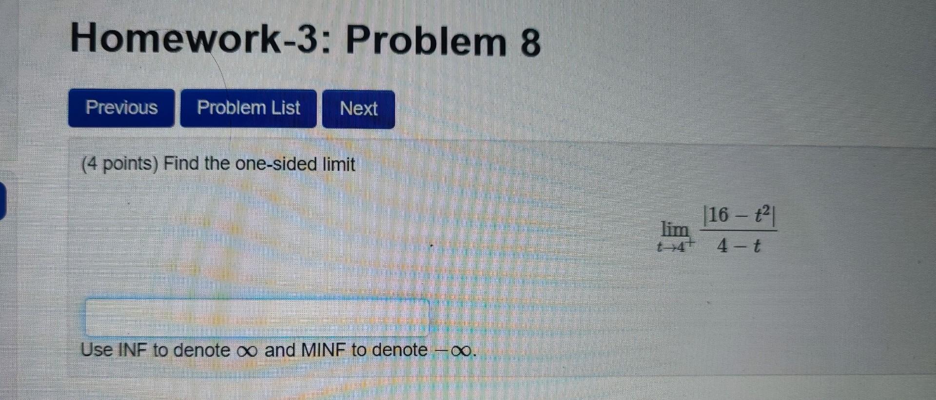 Solved (4 points) Find the one-sided limit limt→4+4−t∣16−t2∣ | Chegg.com