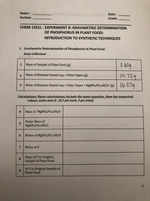 Solved Name: Section: Date: Grade: CHEM 1251L - EXPERIMENT | Chegg.com