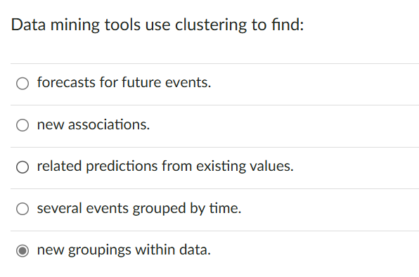 Solved Data mining tools use clustering to find:forecasts | Chegg.com