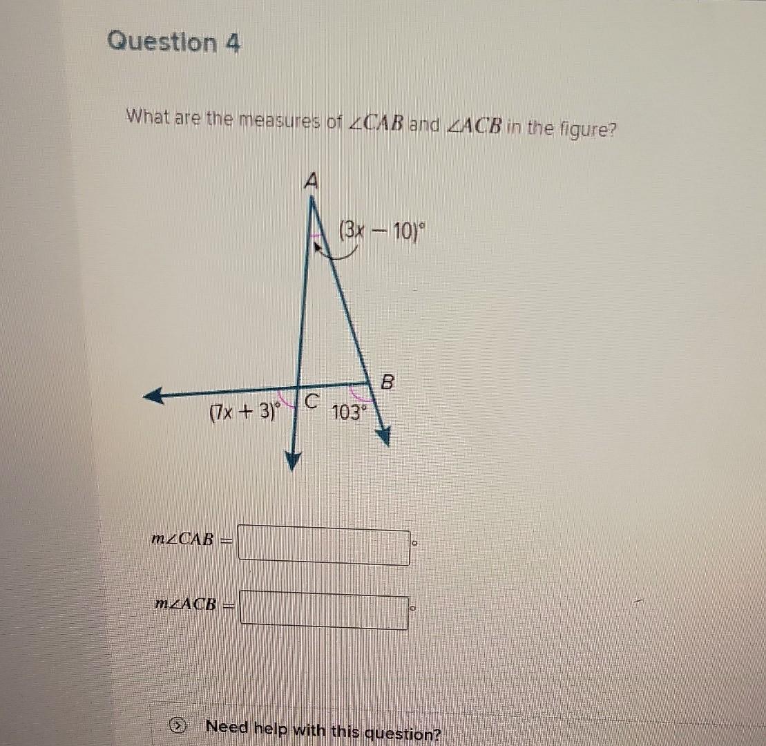 Solved What are the measures of ∠CAB and ∠ACB in the figure? | Chegg.com