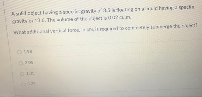 Solved A solid object having a specific gravity of 3.5 is | Chegg.com