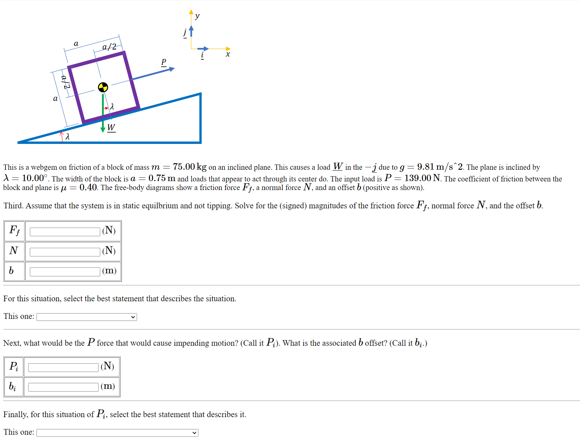 Please solve for friction force Ff, ﻿normal force N, | Chegg.com