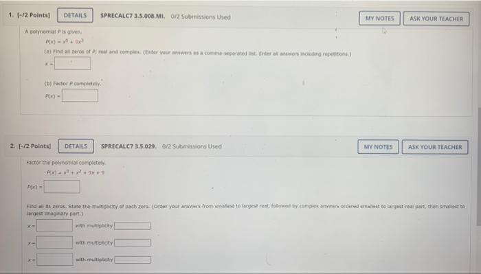 Solved 1. 1-/2 Points DETAILS SPRECALC73.5.000 MI. 0/2 | Chegg.com Solved 1. 1-/2 Points DETAILS SPRECALC73.5.000 MI. 0/2 | Chegg.com