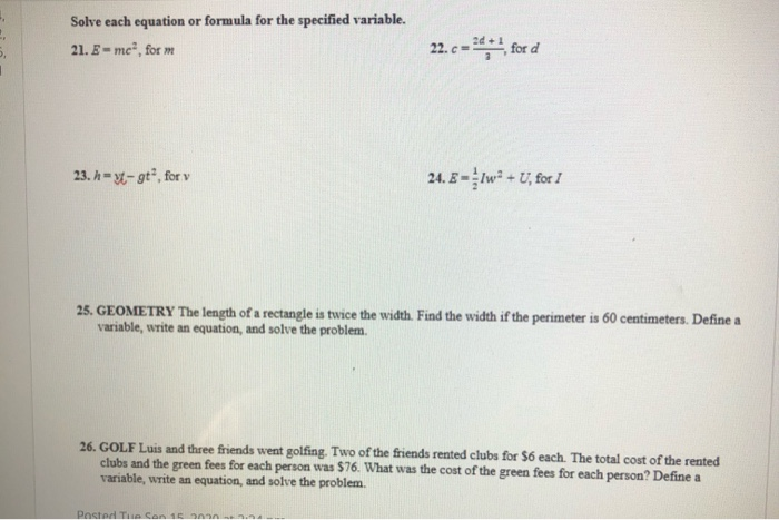 Solved Solve each equation or formula for the specified | Chegg.com