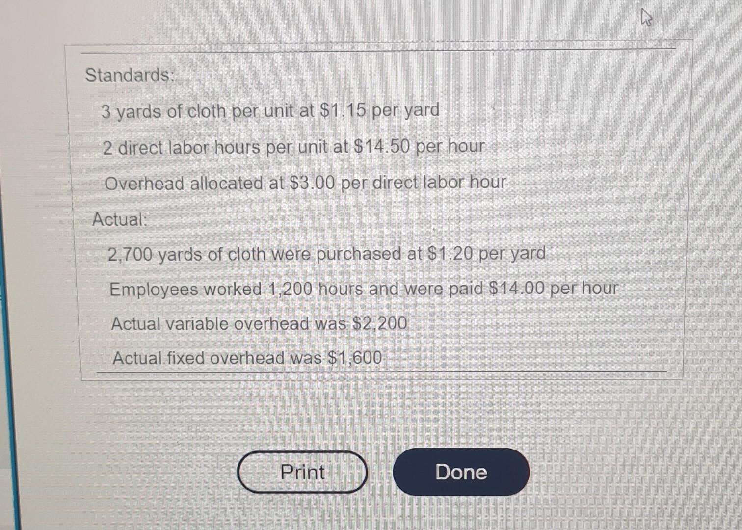 Solved Standards: 3 yards of cloth per unit at $1.15 per | Chegg.com