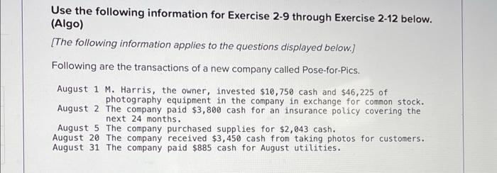 Solved Use the following information for Exercise 2-9 | Chegg.com