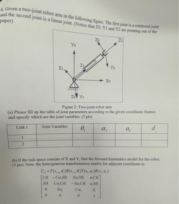 Solved 4. Given a two-joint robot arm in the following | Chegg.com