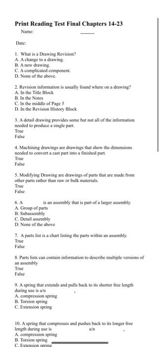Solved Print Reading Test Final Chapters 14-23 Name: Date: | Chegg.com